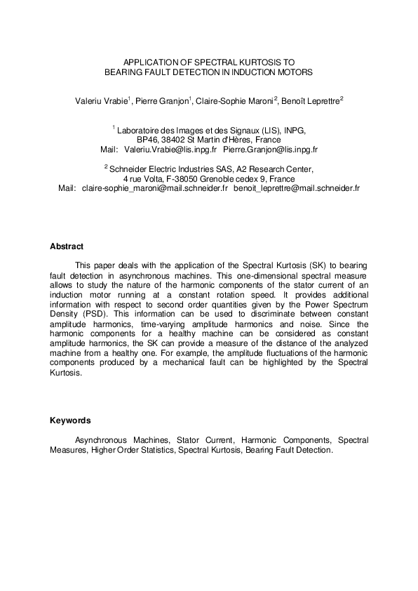 Pdf Application Of Spectral Kurtosis To Bearing Fault Detection In Induction Motors