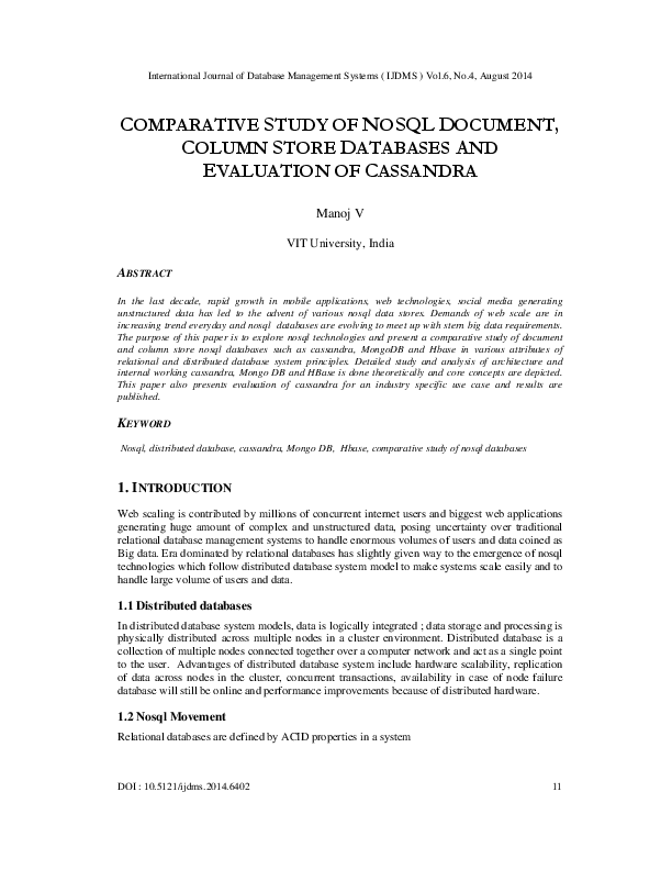 (PDF) COMPARATIVE STUDY OF NOSQL DOCUMENT, COLUMN STORE DATABASES AND ...