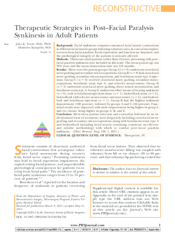 (PDF) RECONSTRUCTIVE Therapeutic Strategies in Post–Facial Paralysis Synkinesis in Adult Patients