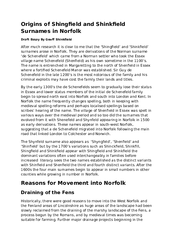 (DOC) Origins of Shingfield and Shinkfield Surnames in Norfolk draft docx