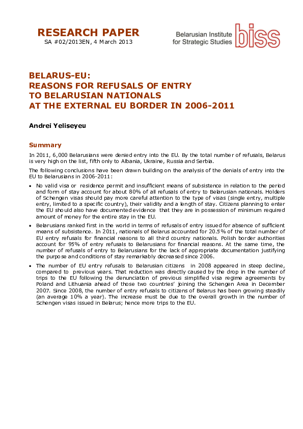 Reasons for refusals of entry to nationals of Belarus at the external ...