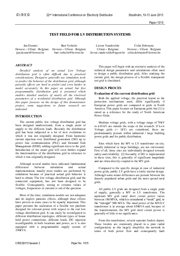 Pdf Test Field For Lv Distribution Systems