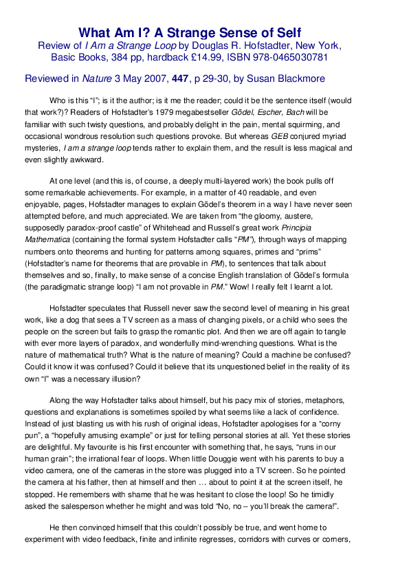 (PDF) Review of: I Am a Strange Loop by Douglas R. Hofstadter (What am ...