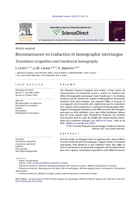(PDF) Reconnaissance en traduction et homographie interlangue ...