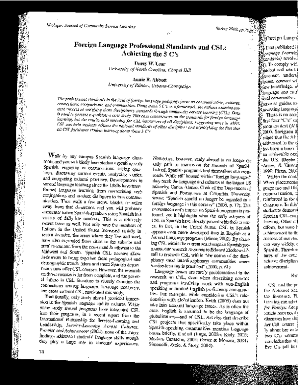 (PDF) Foreign Language Professional Standards and CSL: Achieving the 5 C's