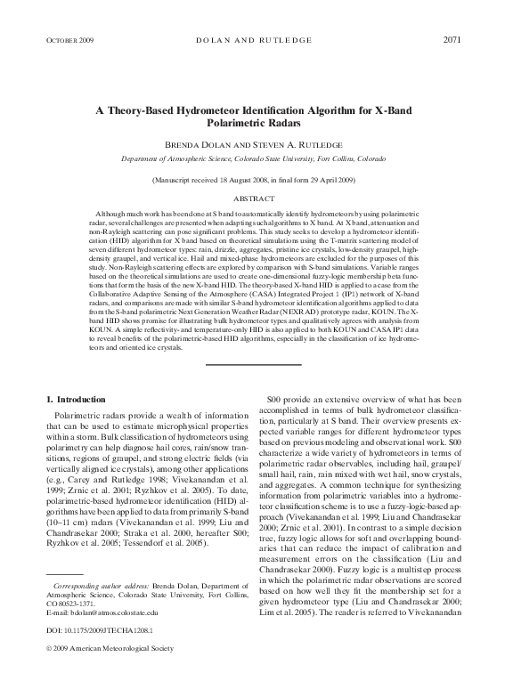 Pdf A Theory Based Hydrometeor Identification Algorithm For X Band Polarimetric Radars