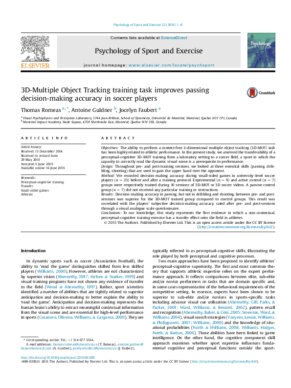 Pdf 3d Multiple Object Tracking Training Task Improves Passing Decision Making Accuracy In