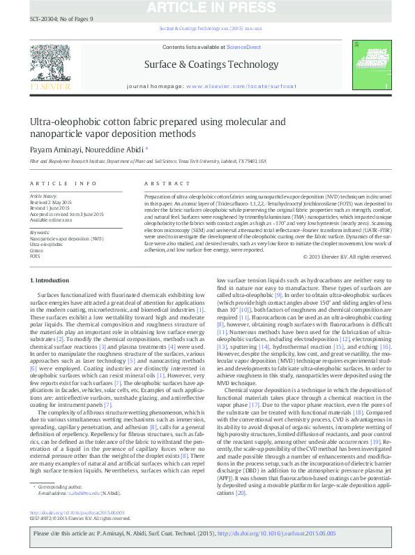 (PDF) Ultra-oleophobic cotton fabric prepared using molecular and ...