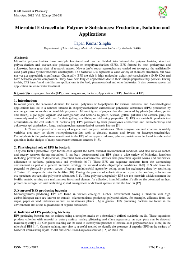 (PDF) Microbial Extracellular Polymeric Substances: Production, Isolation and Applications