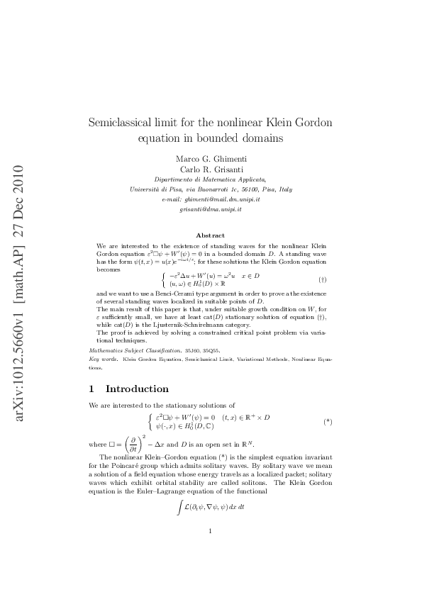 (PDF) Semiclassical limit for the nonlinear Klein Gordon equation in bounded domains