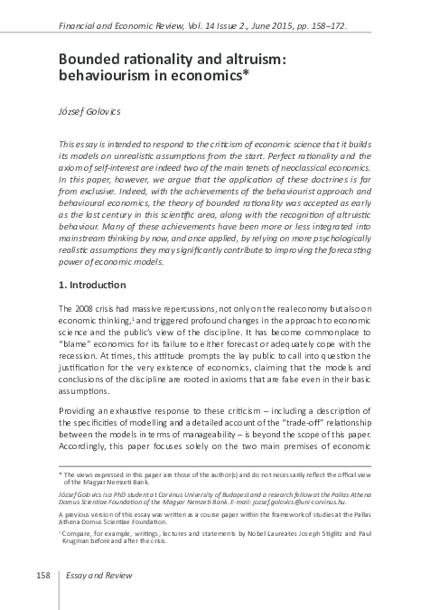 (PDF) Bounded rationality and altruism: behaviourism in economics