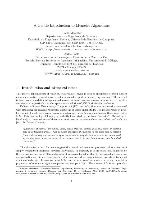 (PDF) A gentle introduction to memetic algorithms
