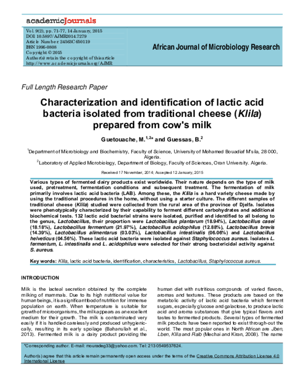 (PDF) Characterization and identification of lactic acid bacteria isolated from traditional ...