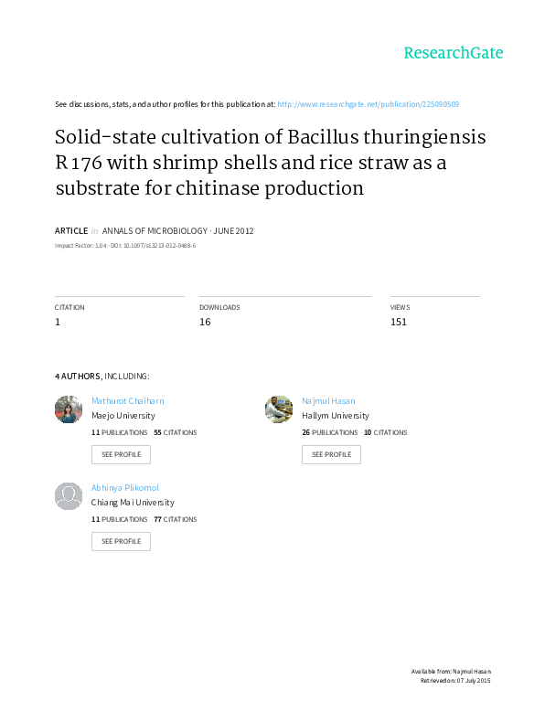 (PDF) Solid-state cultivation of Bacillus thuringiensis R 176 with ...