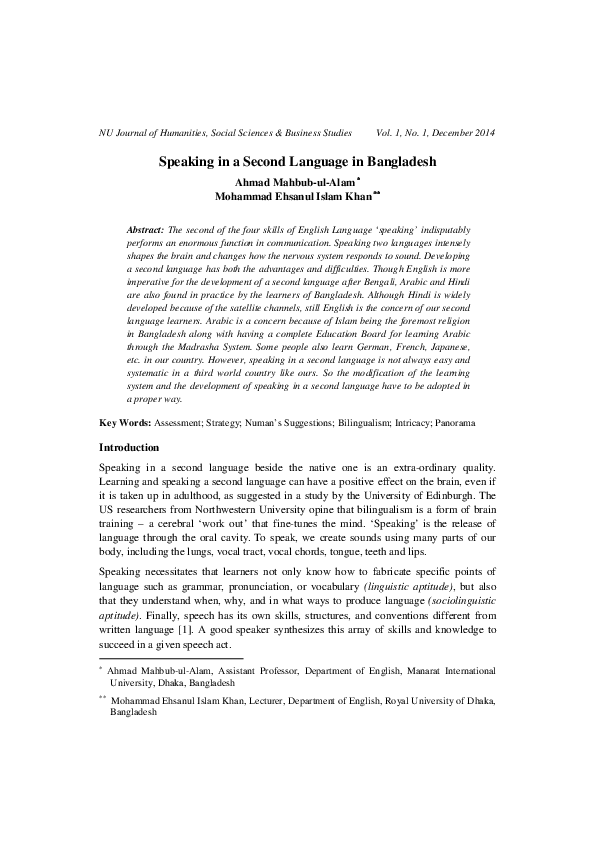 (PDF) Speaking in a Second Language in Bangladesh