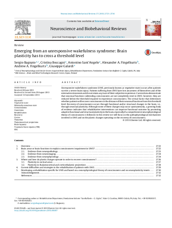 (PDF) Emerging from an unresponsive wakefulness syndrome: Brain ...