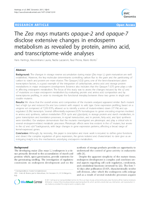 (PDF) The Zea mays mutants opaque-2 and opaque-7 disclose extensive changes in endosperm ...