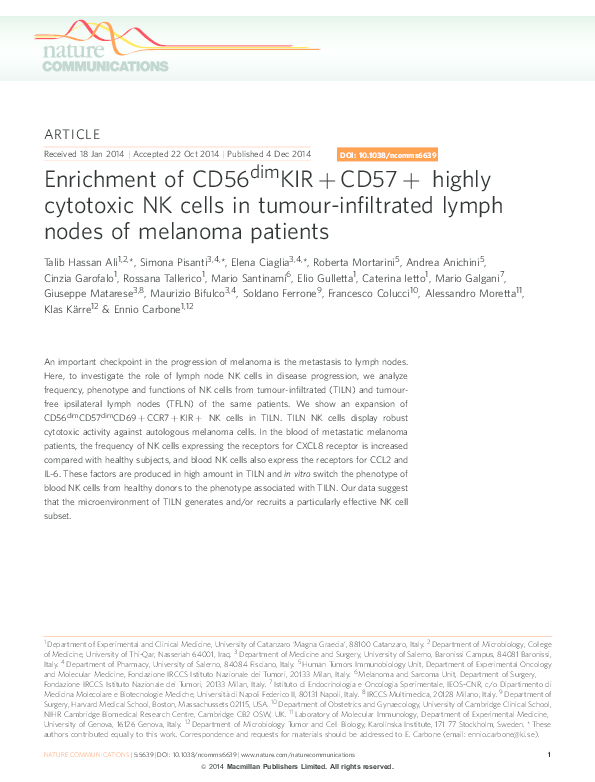 (PDF) Enrichment of KIR+CD57+ highly cytotoxic NK cells in sentinel ...