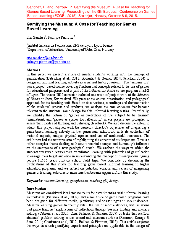 (PDF) Gamifying the Museum: A Case for Teaching for Games Based Learning