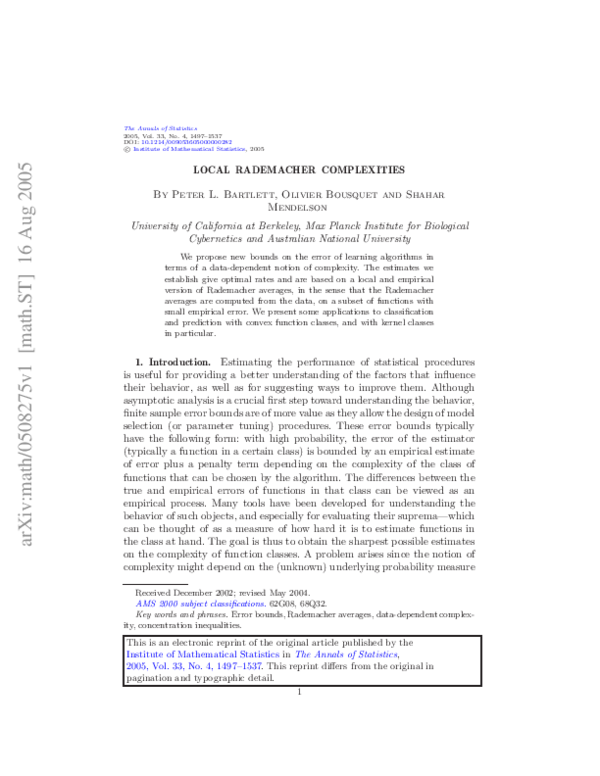 (PDF) Local Rademacher complexities