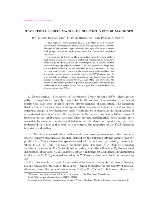 (PDF) STATISTICAL PERFORMANCE OF SUPPORT VECTOR MACHINES | Olivier Bousquet and Pascal Massart ...