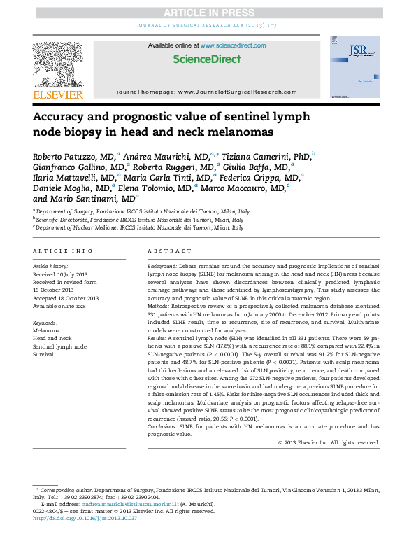 (PDF) Accuracy and prognostic value of sentinel lymph node biopsy in head and neck melanomas