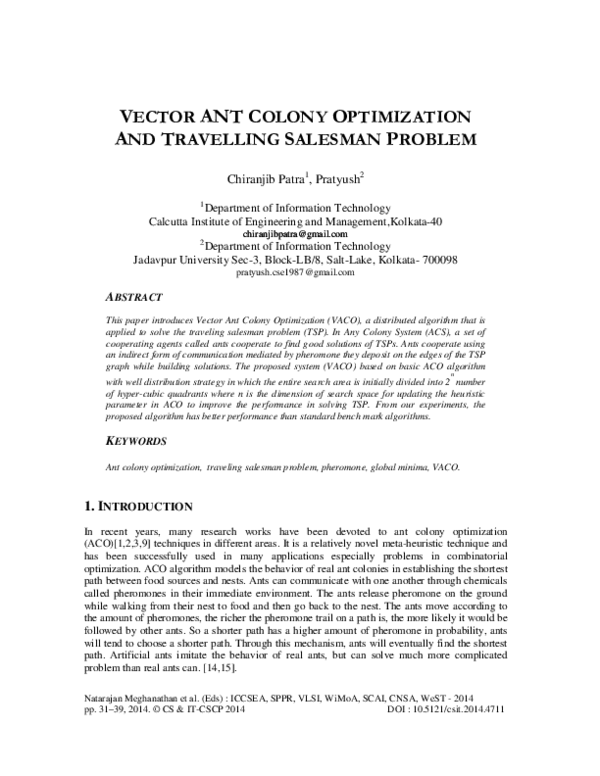 Pdf Vector Ant Colony Optimization And Travelling Salesman Problem