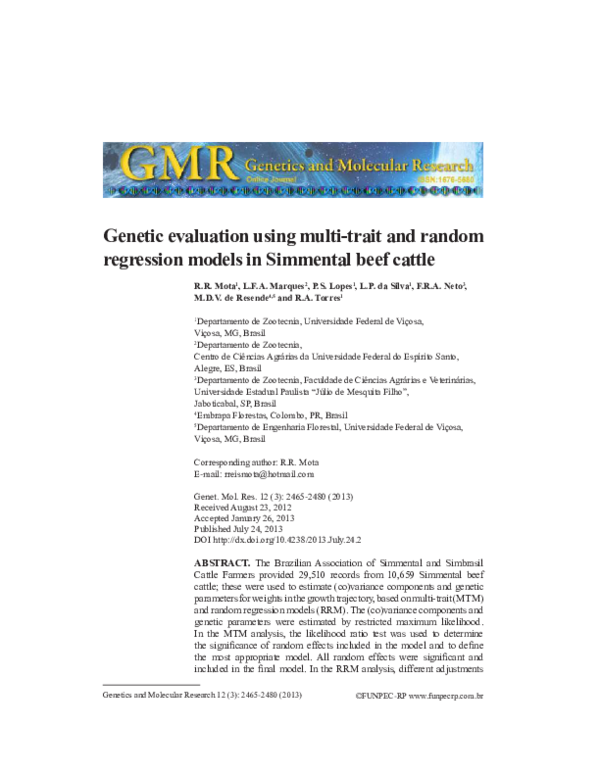 Pdf Genetic Evaluation Using Multi Trait And Random Regression Models