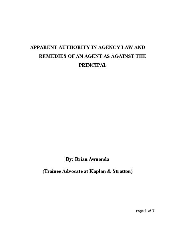 (DOC) Apparent authority in agency law and the remedies of the agent as ...