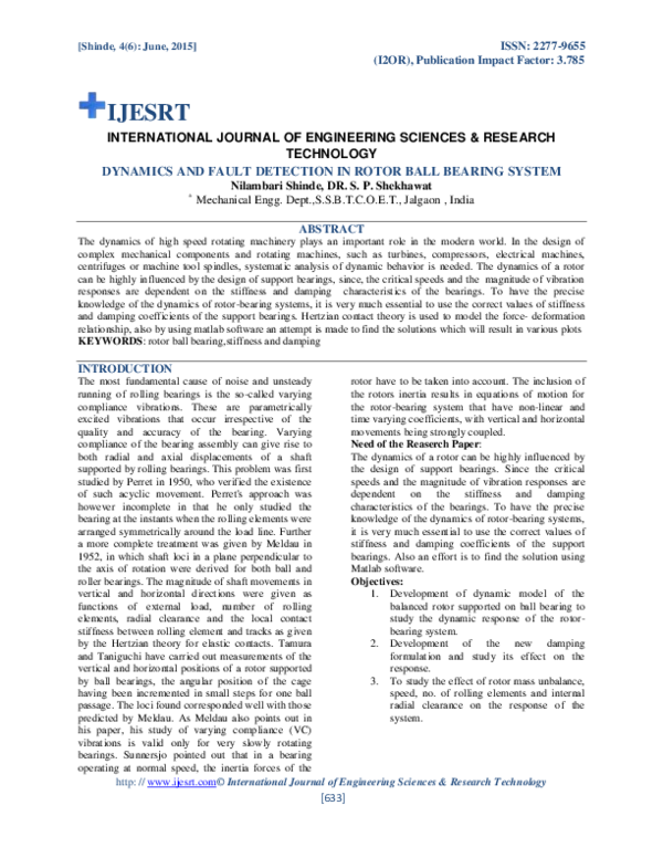 Pdf Dynamics And Fault Detection In Rotor Ball Bearing System