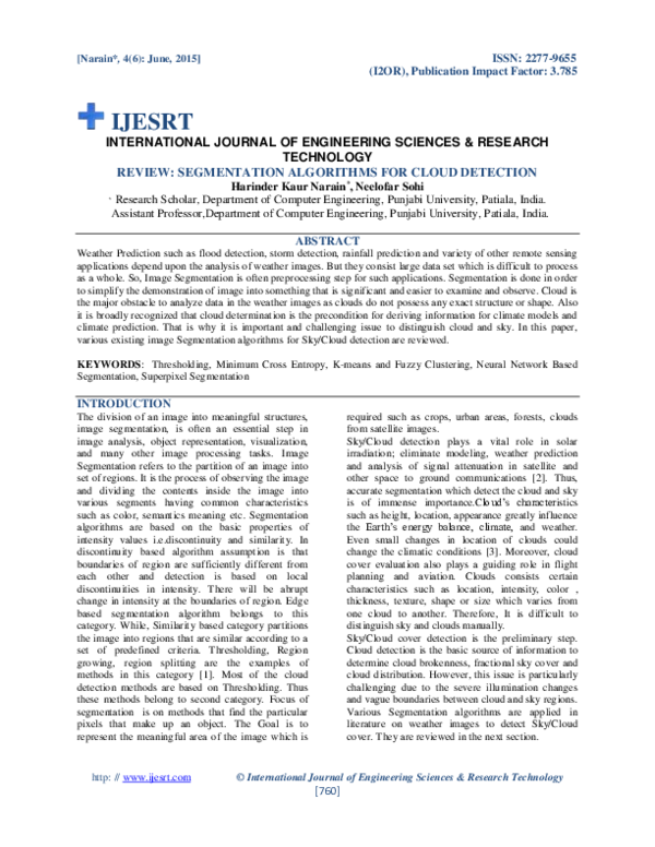 Pdf Review Segmentation Algorithms For Cloud Detection