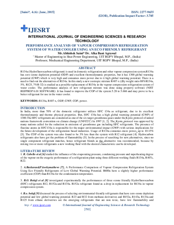 Pdf Performance Analysis Of Vapour Compression Refrigeration System Of Water Cooler Using An