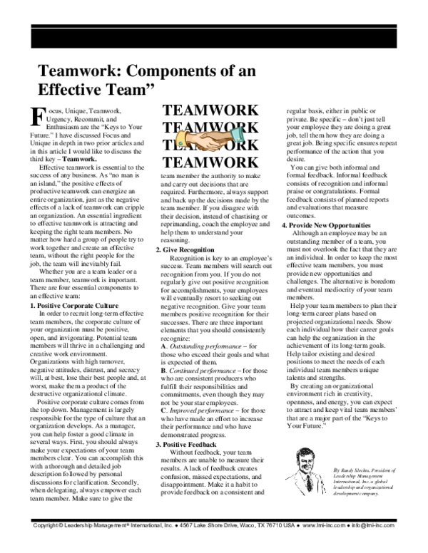 (PDF) Teamwork: Components of an Effective Team” F