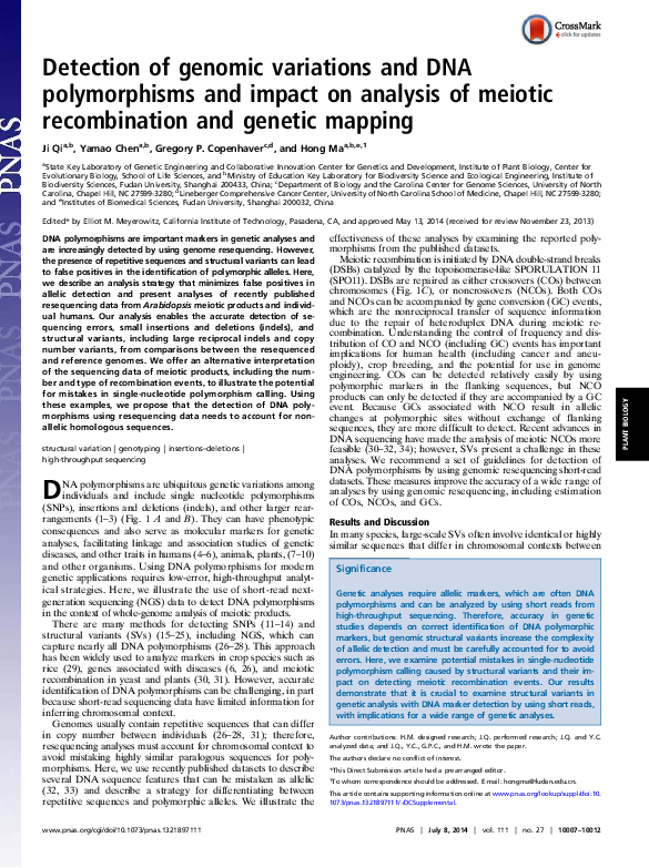 Pdf Detection Of Genomic Variations And Dna Polymorphisms And Impact On Analysis Of Meiotic