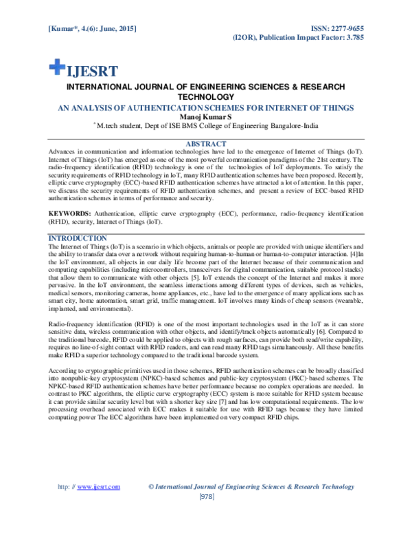 (PDF) AN ANALYSIS OF AUTHENTICATION SCHEMES FOR INTERNET OF THINGS
