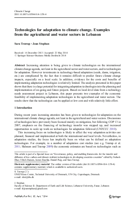 (PDF) Technologies for adaptation to climate change. Examples from the ...
