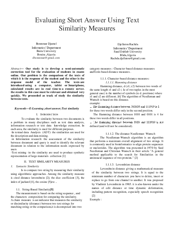 Pdf Short Answer Evaluation Via Text Similarity
