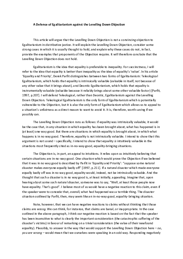 (PDF) A Defence of Egalitarianism against the Levelling Down Objection