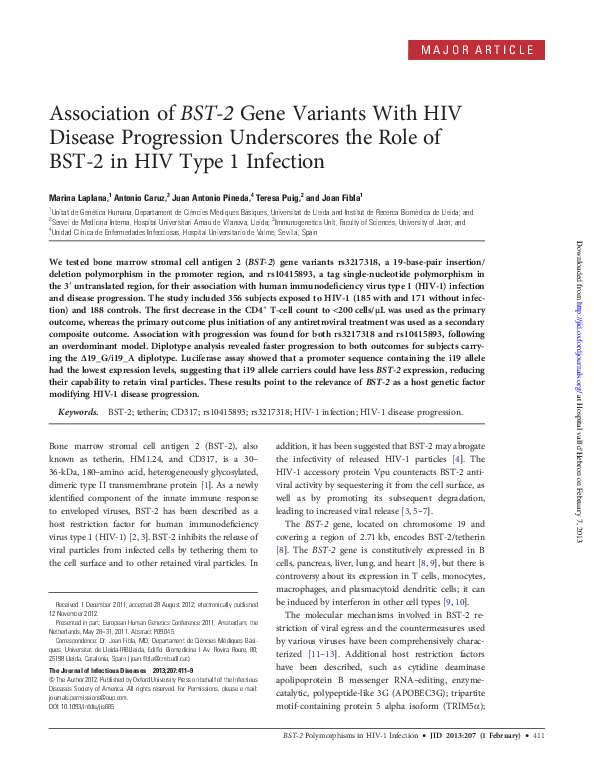 Association of BST-2 Gene Variants With HIV Disease Progression ...