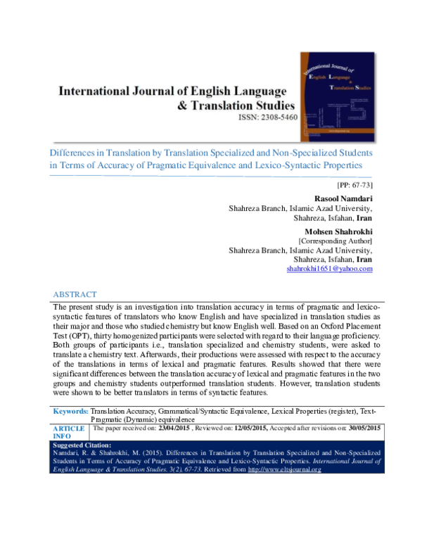 (PDF) Differences in Translation by Translation Specialized and Non ...
