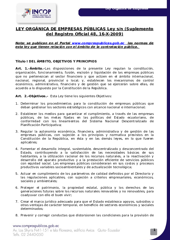 (DOC) LEY ORGÁNICA DE EMPRESAS PÚBLICAS Ley s/n (Suplemento del ...