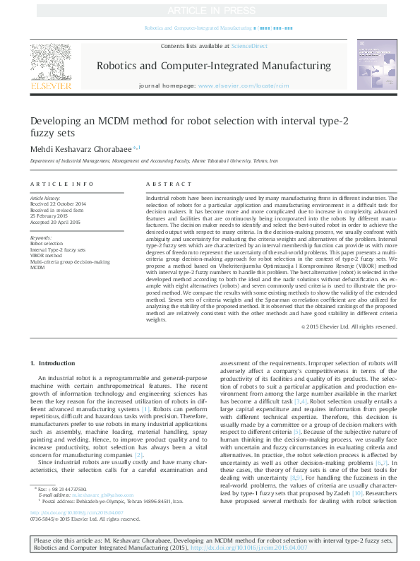 Pdf Developing An Mcdm Method For Robot Selection With Interval Type