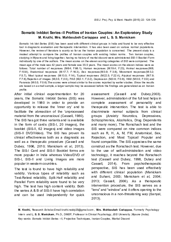 (PDF) Somatic Inkblot Series –II Profiles of Iranian Couples: An ...