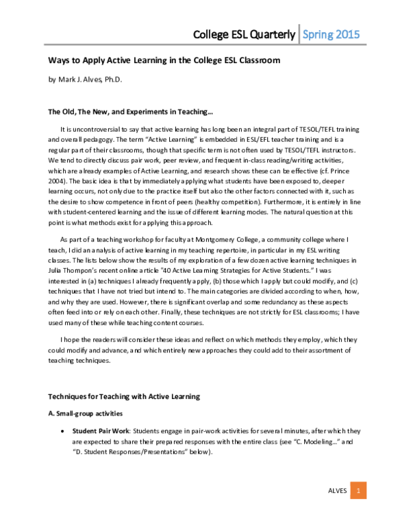 (PDF) Ways to Apply Active Learning in the College ESL Classroom