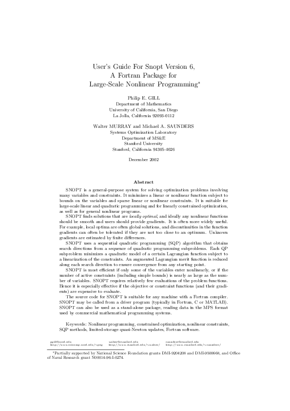 (PDF) User's Guide For Snopt Version 6, A Fortran Package for Large-Scale Nonlinear Programming