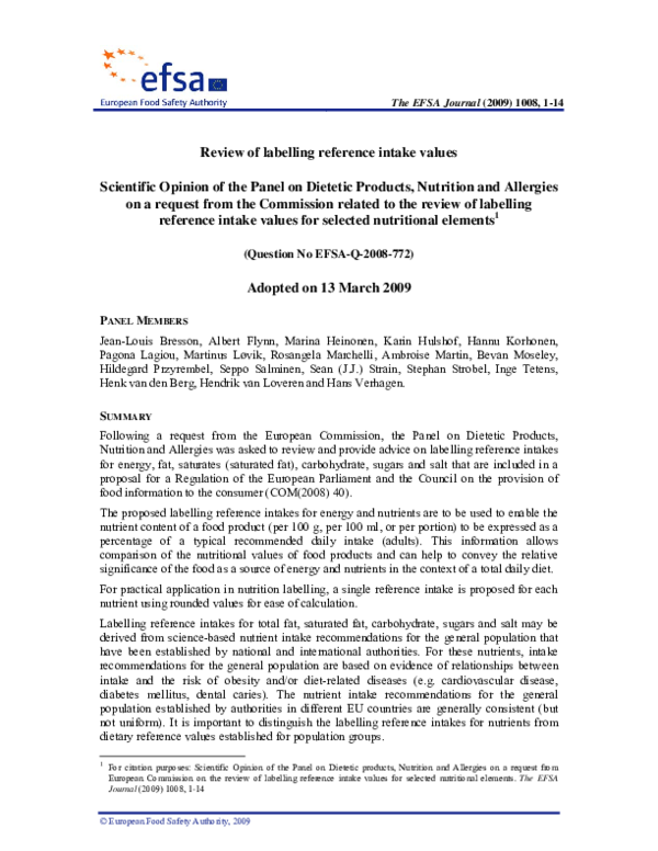 (PDF) Review of labelling reference intake values Scientific Opinion of ...