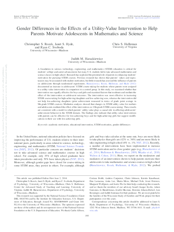 (PDF) Gender Differences in the Effects of a Utility-Value Intervention ...