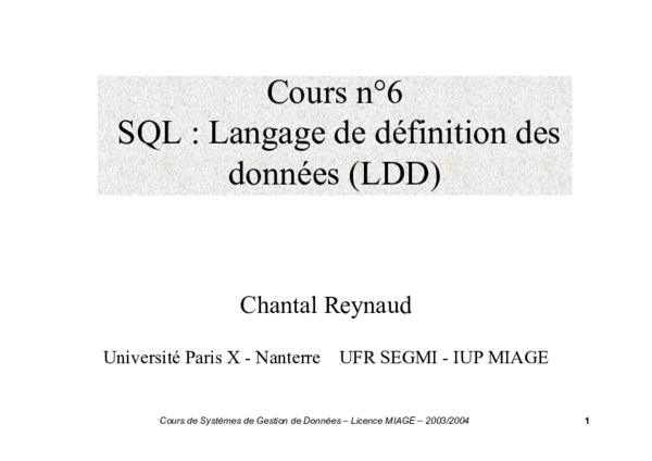 (PDF) Cours n°6 SQL : Langage de définition des données (LDD