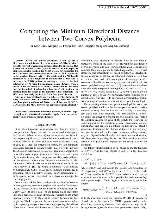 Pdf Computing The Minimum Directional Distance Between Two Convex Polyhedra