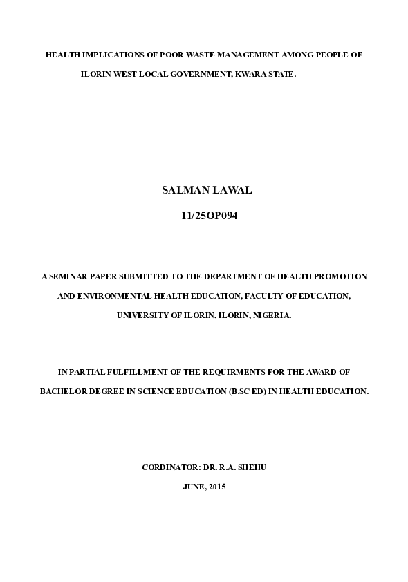 (DOC) ALTH IMPLICATIONS OF POOR WASTE MANAGEMENT AMONG PEOPLE OF ILORIN ...